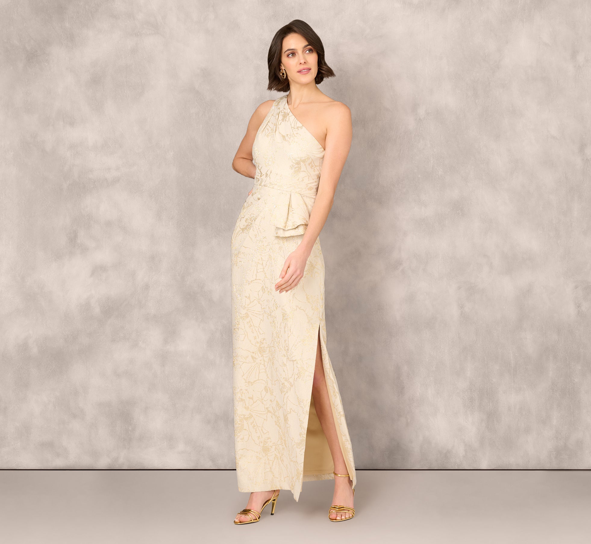 AIDAN MATTOX One-Shoulder Metallic Jacquard Column Gown